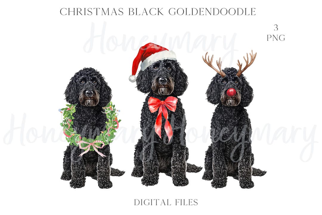 Watercolor Christmas Cute Black Goldendoodle Labradoodle Doodle Dog ...