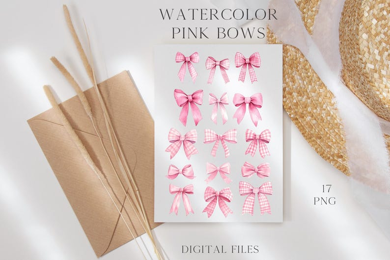 Pink Coquette Bows, Watercolor Pink Bows Clipart, PNG, Nursery Art ...