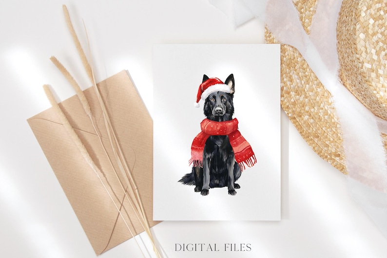 Watercolor Christmas German Shepard Clipart, Doodle Dog PNG (digital ...