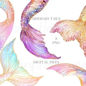 Watercolor Mermaid Tails Clipart – 8 PNG Glitter Mermaid Tails With ...