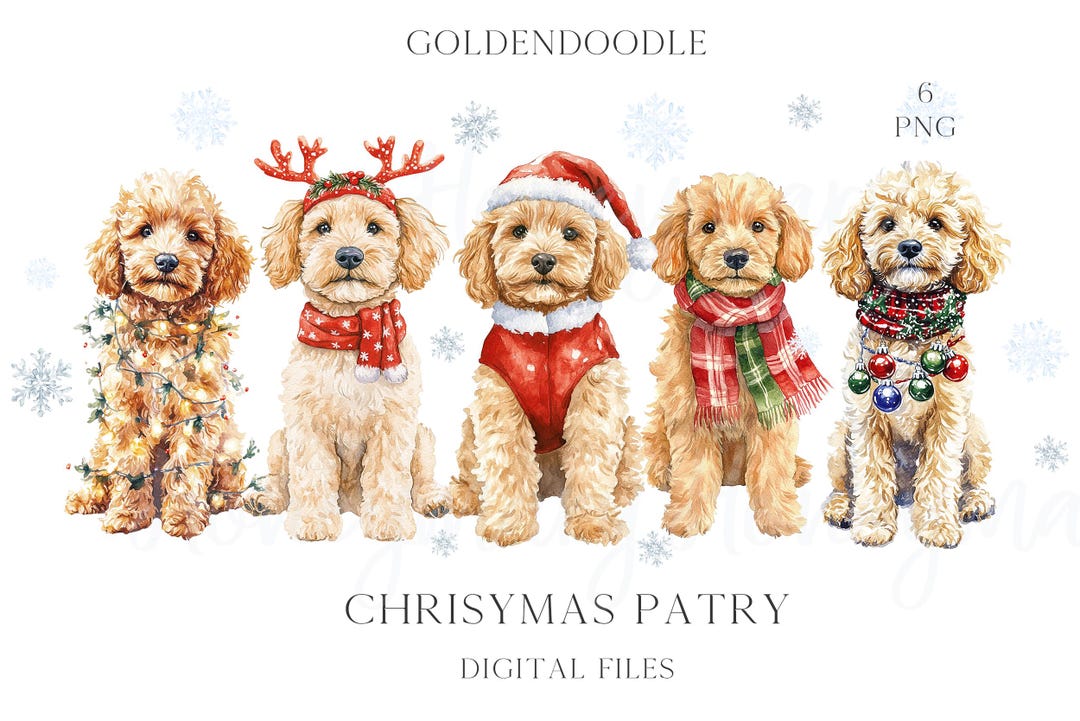 Watercolor Christmas Party Goldendoodle, Cute Santa Hat, Christmas ...