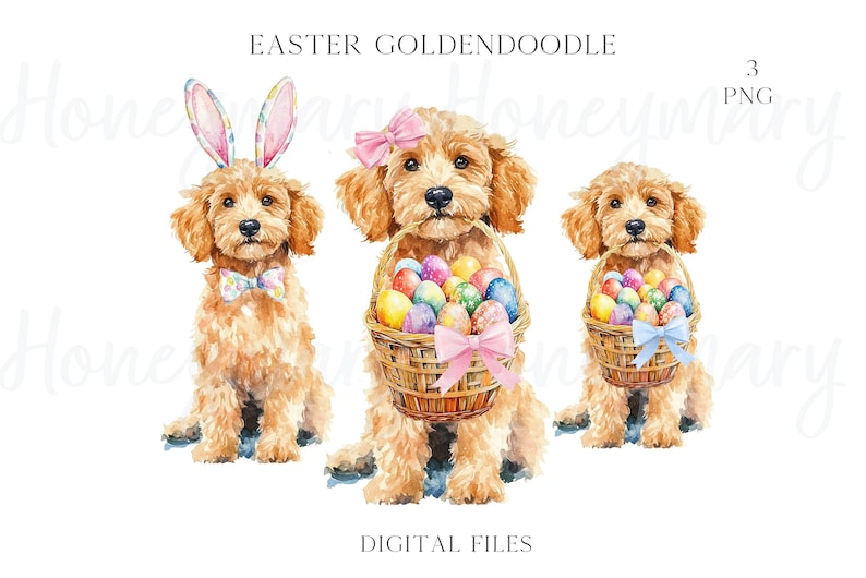Watercolor Easter Goldendoodle Doodle Dog Bunny Ears, Easter Eggs ...