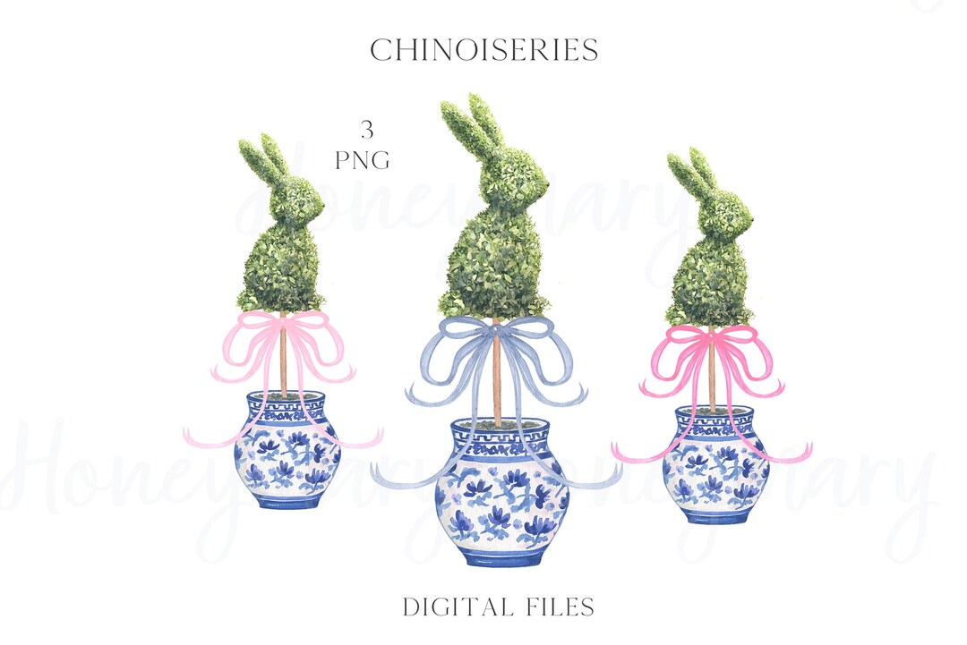 Watercolor Easter Topiary Bunny Doodle Chinoiserie Topiary, Spring PNG ...