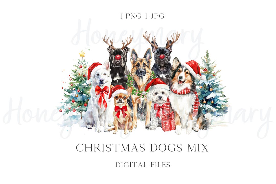 Christmas Dogs Watercolor Clipart, Santa Hats, PNG (digital Download ...