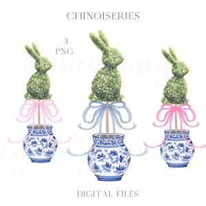 Watercolor Easter Topiary Bunny Doodle Chinoiserie Topiary, Spring PNG ...