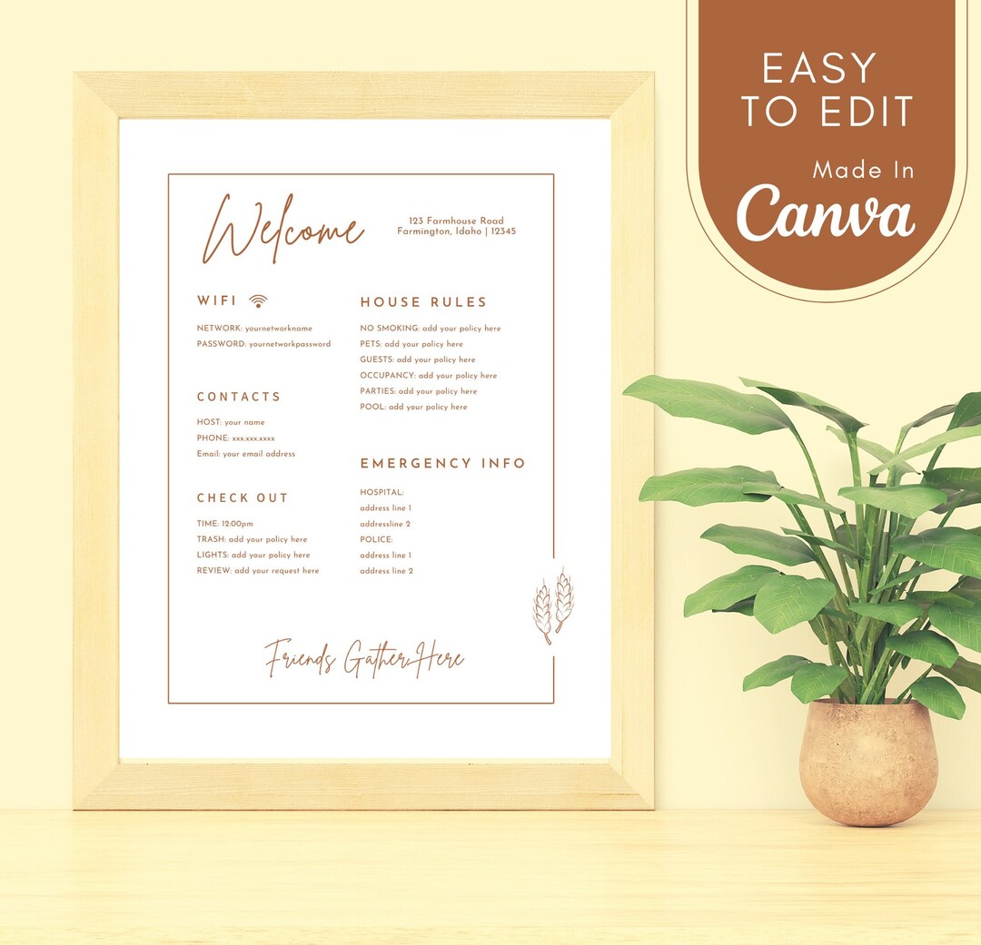 WHEAT 1 Page Airbnb Welcome Sign Template Airbnb Welcome Book Welcome ...