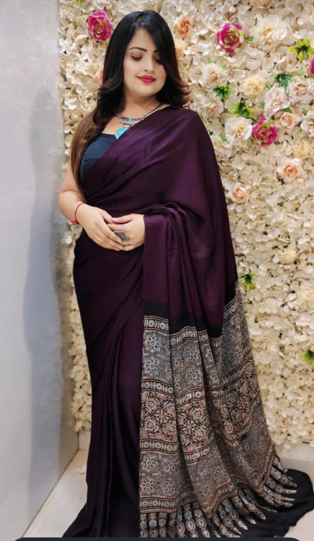 Modal Silk Saree: Ajrakh Hand Block Print Pallu - Etsy