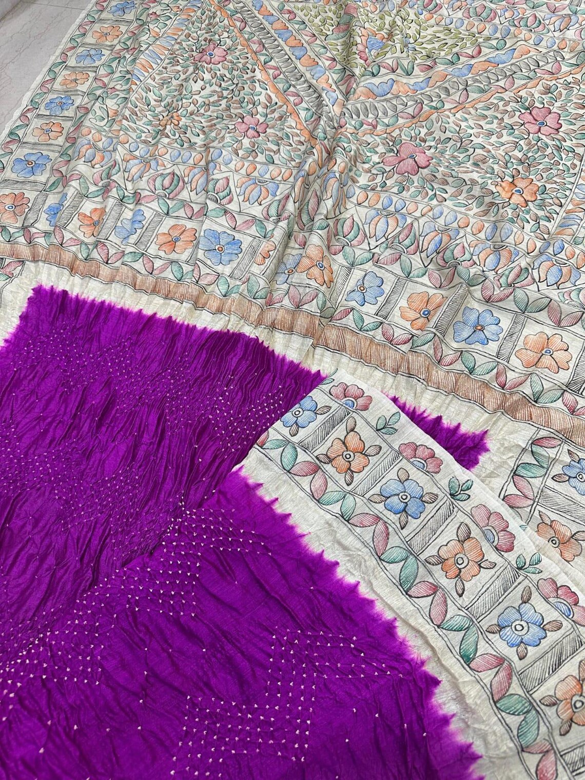 Hand Made Madhubani Painting Pure Munga Silk Bandhani Saree Madhubani ...