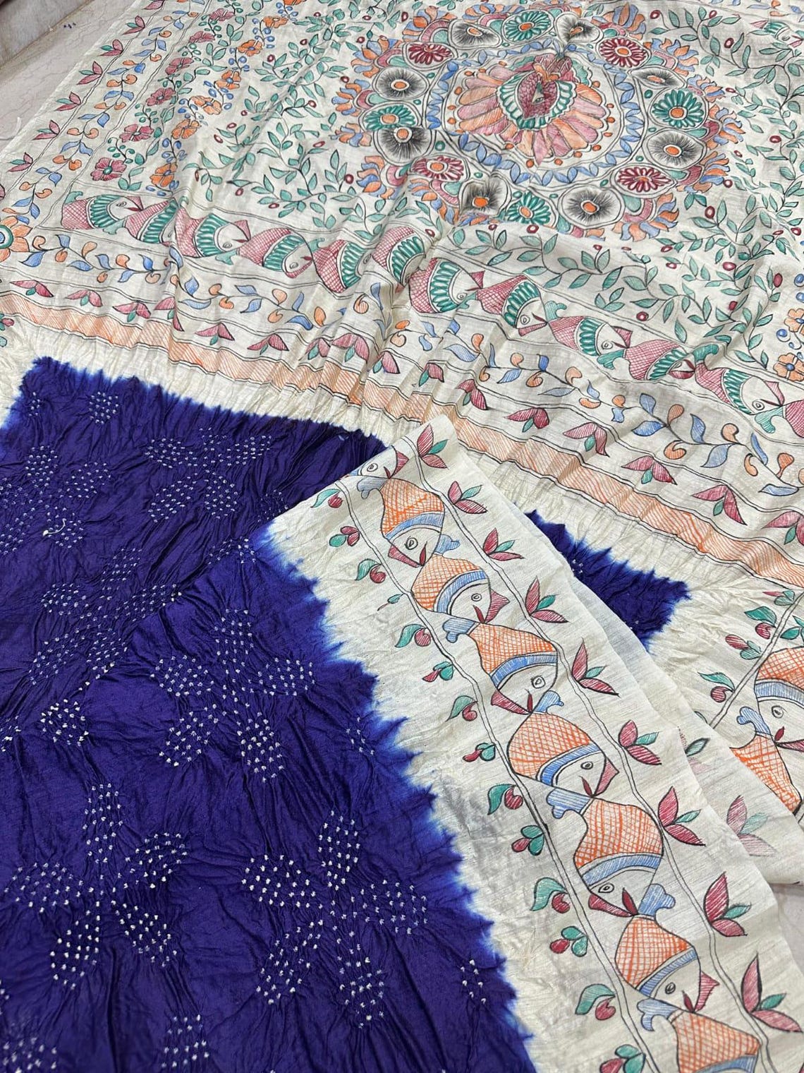 Hand Made Madhubani Painting Pure Munga Silk Bandhani Saree Madhubani ...