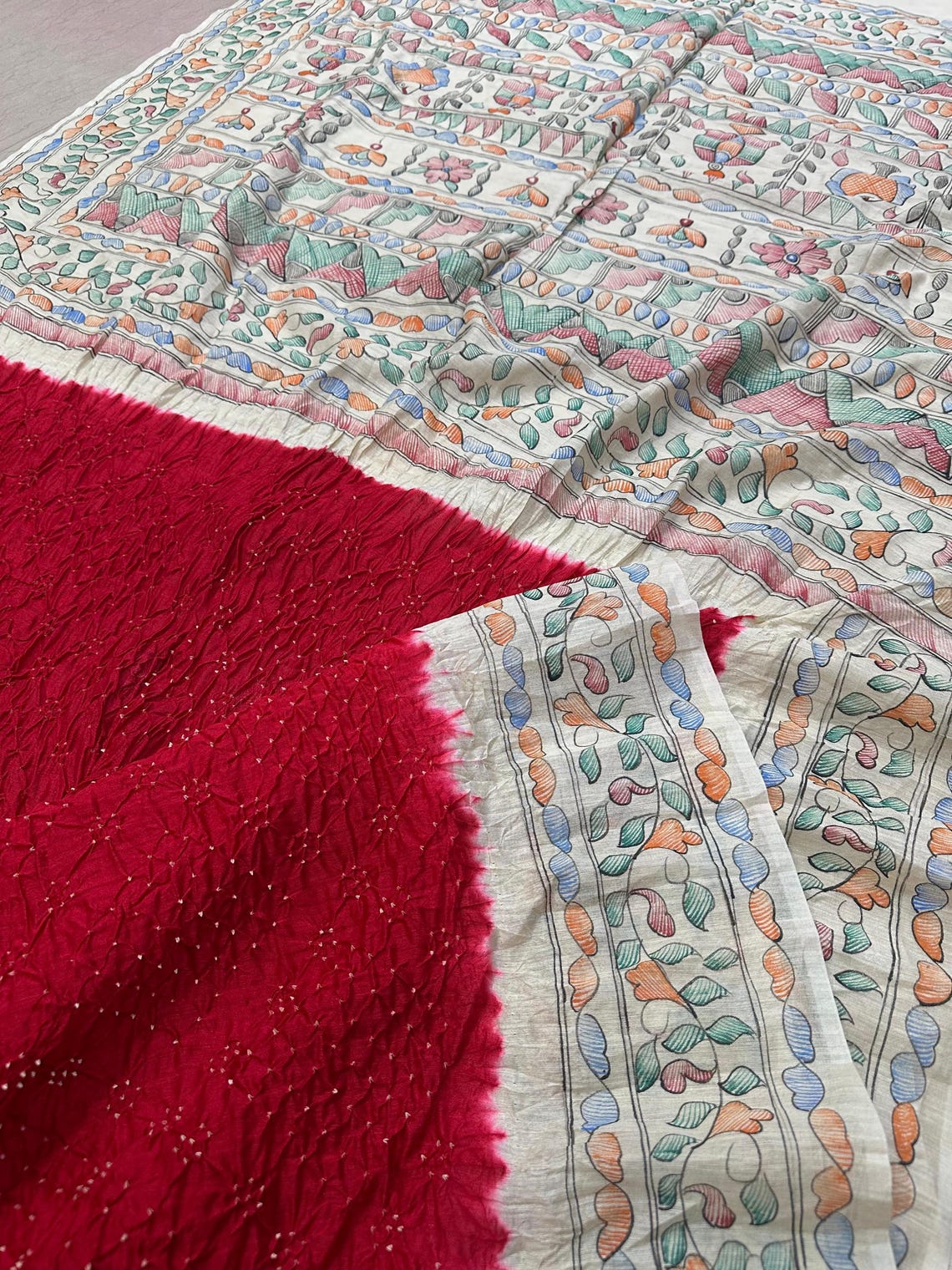 Hand Made Madhubani Painting Pure Munga Silk Bandhani Saree Madhubani ...