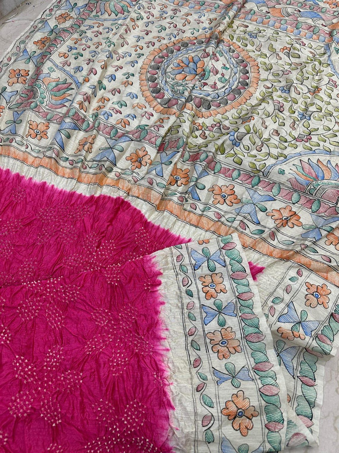 Hand Made Madhubani Painting Pure Munga Silk Bandhani Saree Madhubani ...