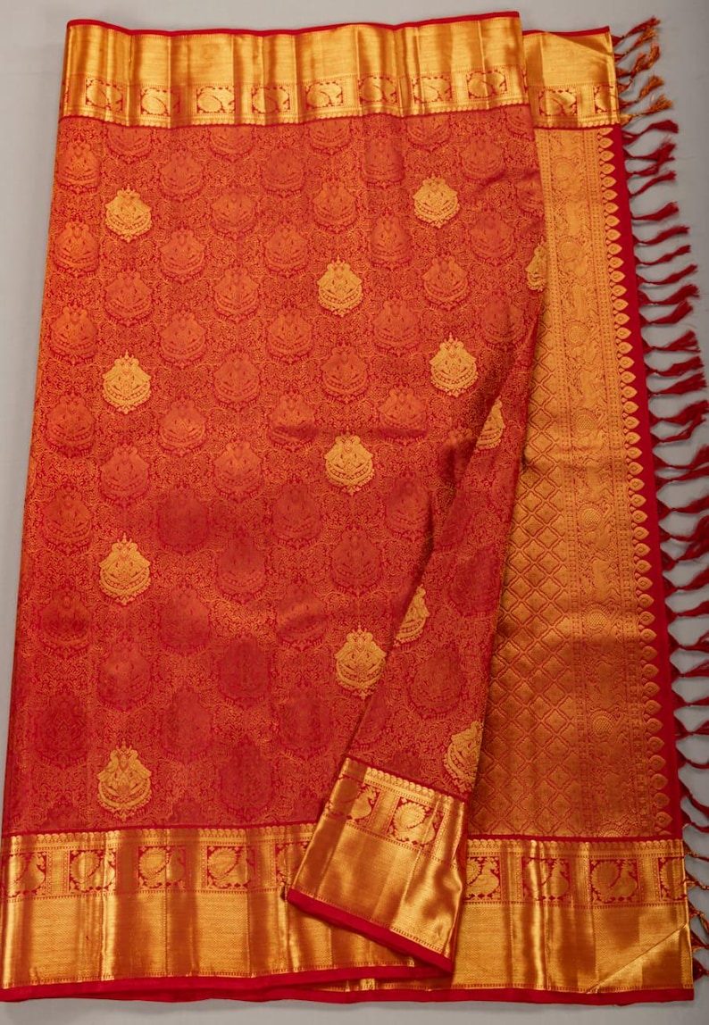 Pure Silk Handloom Kanchipuram Wedding Sarees in Chilli Red Colour With ...
