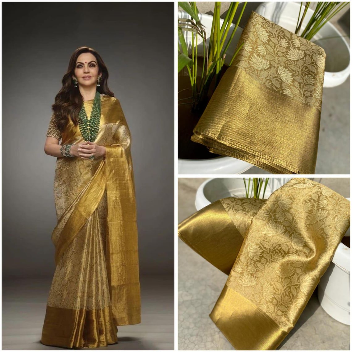 Classy Golden Tissue Silk Soft Sarees in Imbosed Weave Floral Designs ...