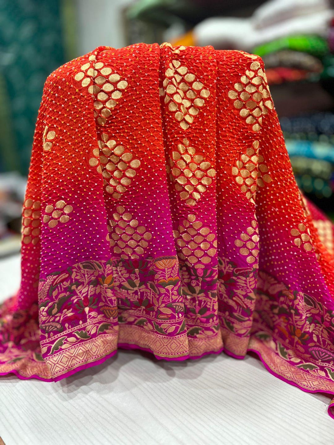 Wedding Special Flower Weaving Butti in Pure Mysori Georgette Bandhani ...