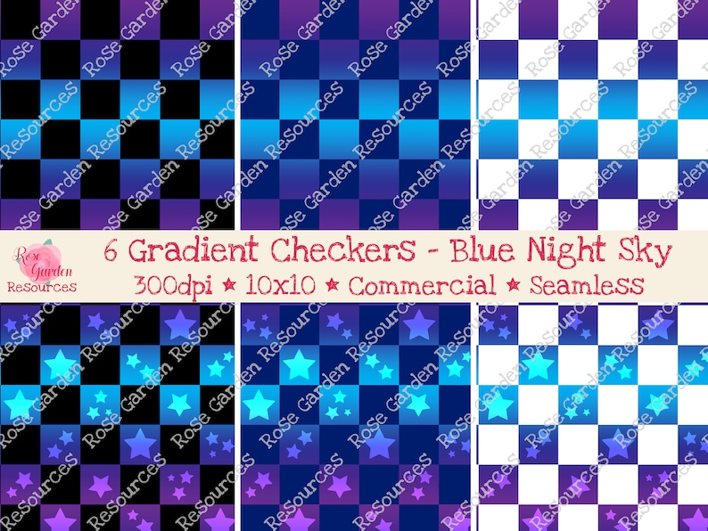 6 Gradient Checkers Blue Night Sky Digital Seamless Paper Bundle ...