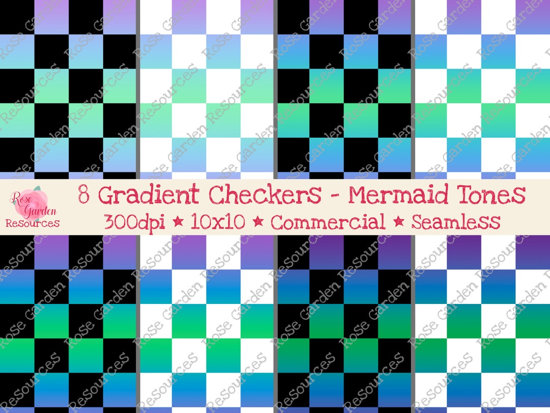 8 Checkers Gradient Mermaid Digital Seamless Paper Bundle, Commercial ...