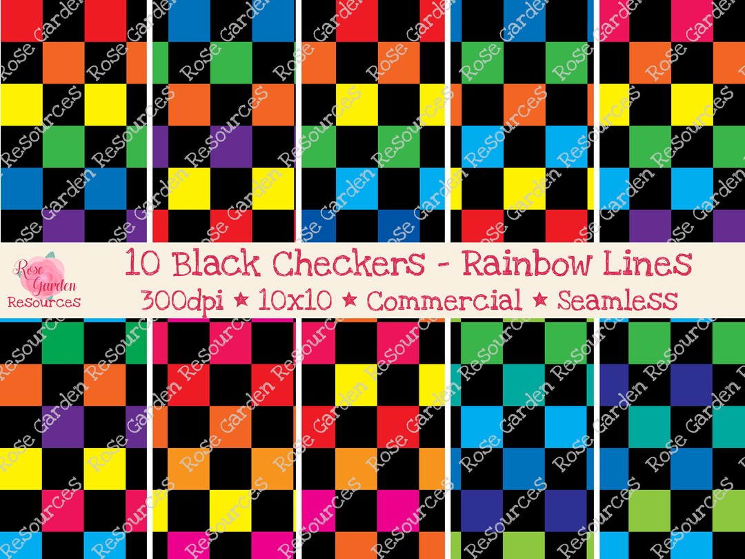 10 Black Checkers Rainbow Lines Digital Seamless Paper Bundle ...
