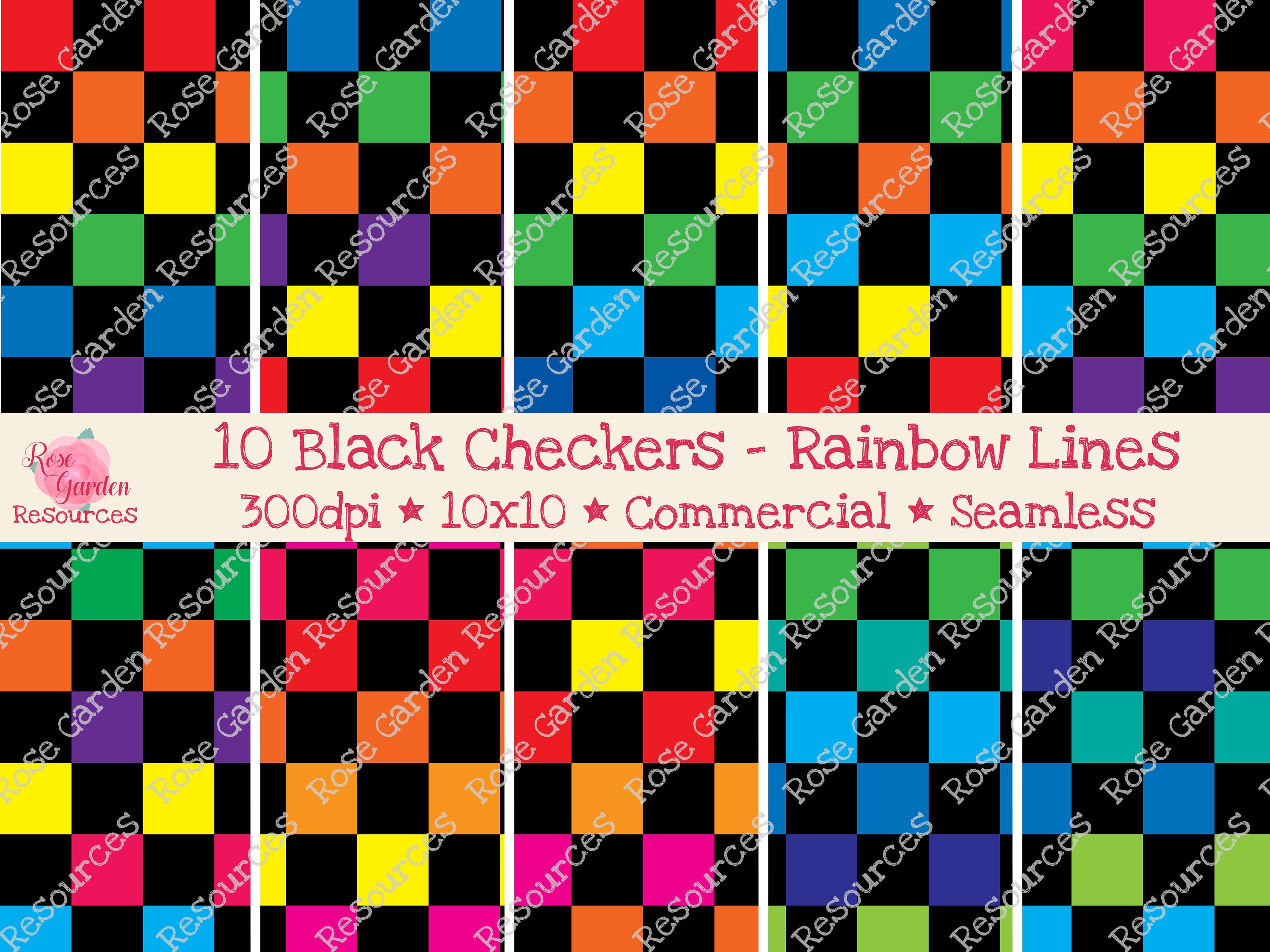 10 Black Checkers Rainbow Lines Digital Seamless Paper Bundle ...