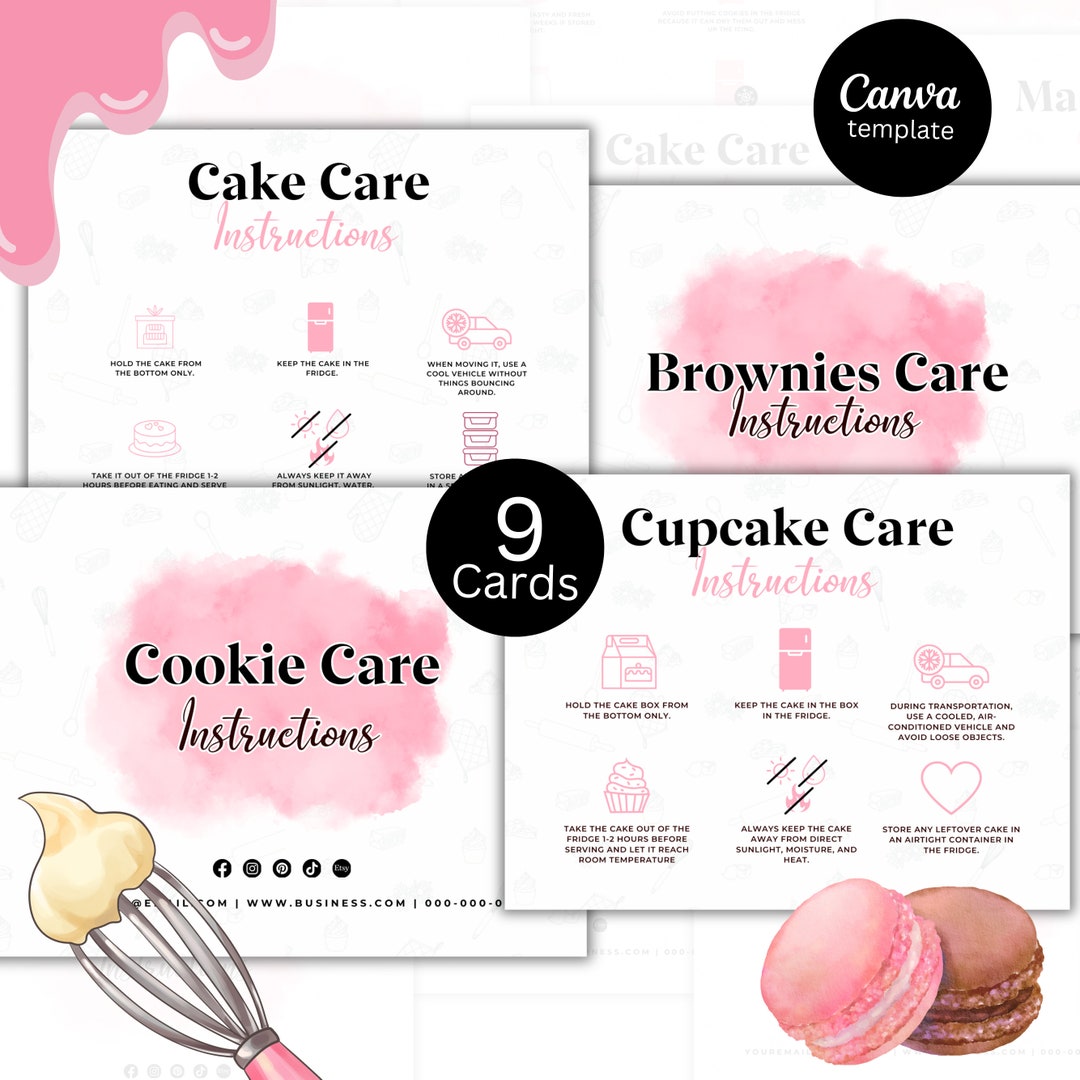 Editable Bakery Care Cards, Cake Care Instructions Card, Cookie Care ...