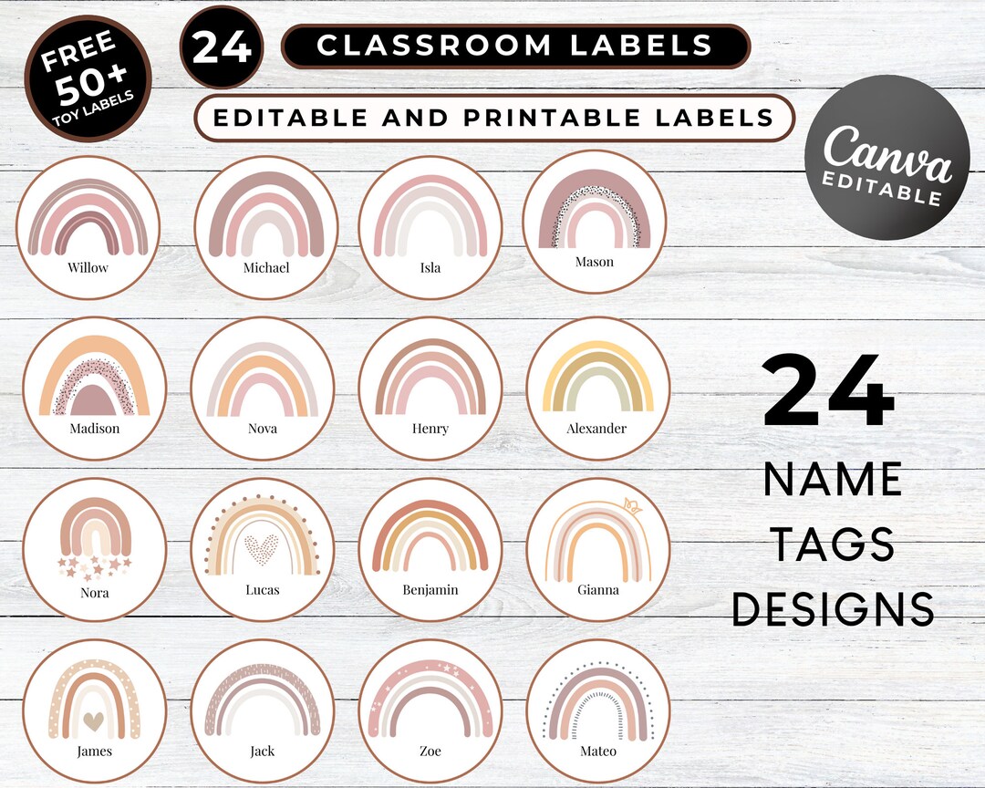 Printable Classroom Name Labels Boho Rainbow Circle Classroom Labels ...