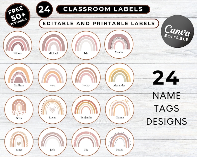 Boho Rainbow Classroom Name Labels: Editable Circle Tags (digital ...