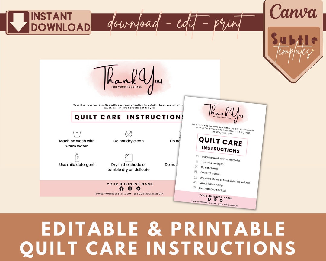 Quilt Care Instructions Template: Printable Product Labels (canva ...