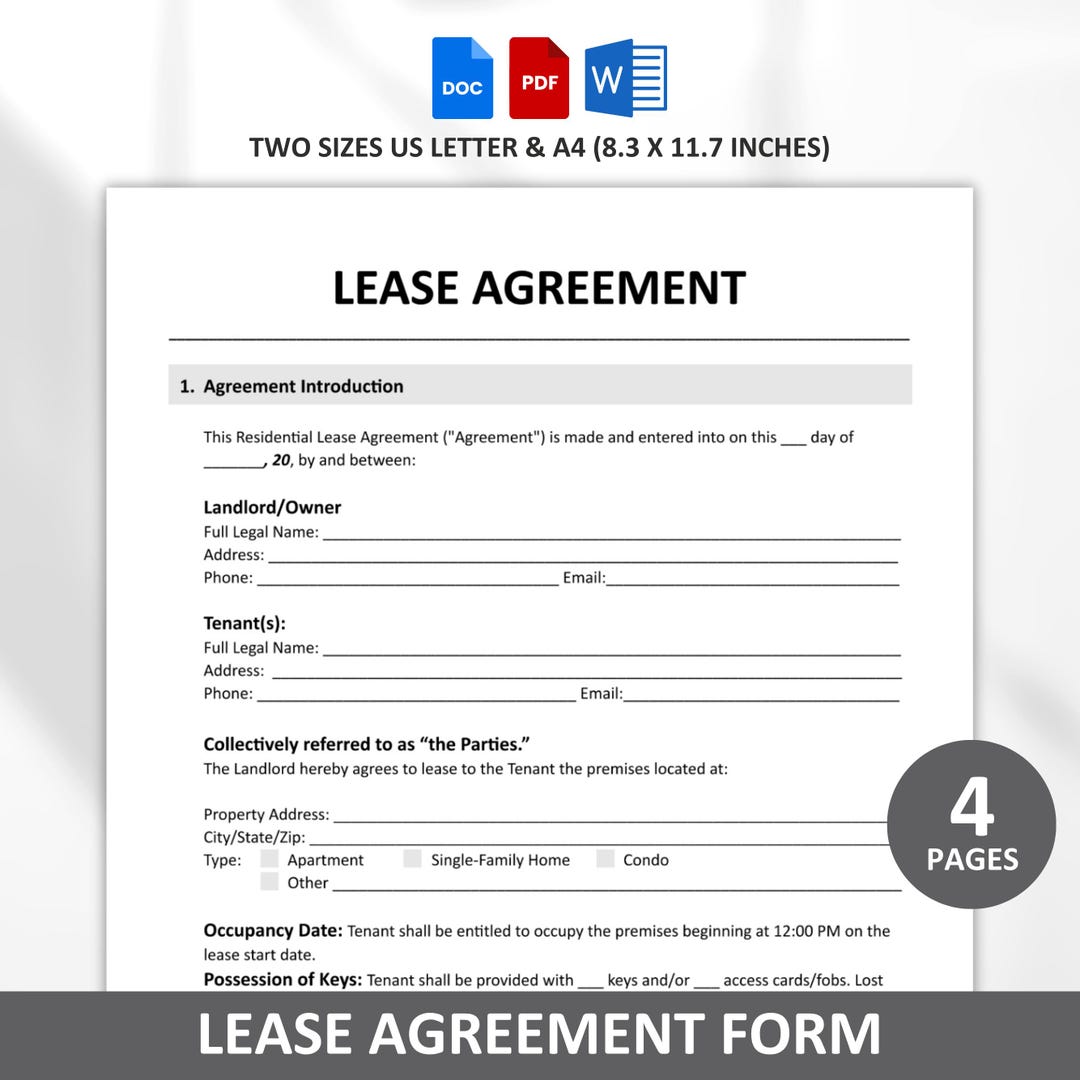 Rental Agreement Template, Editable Lease Contract, Landlord Forms ...