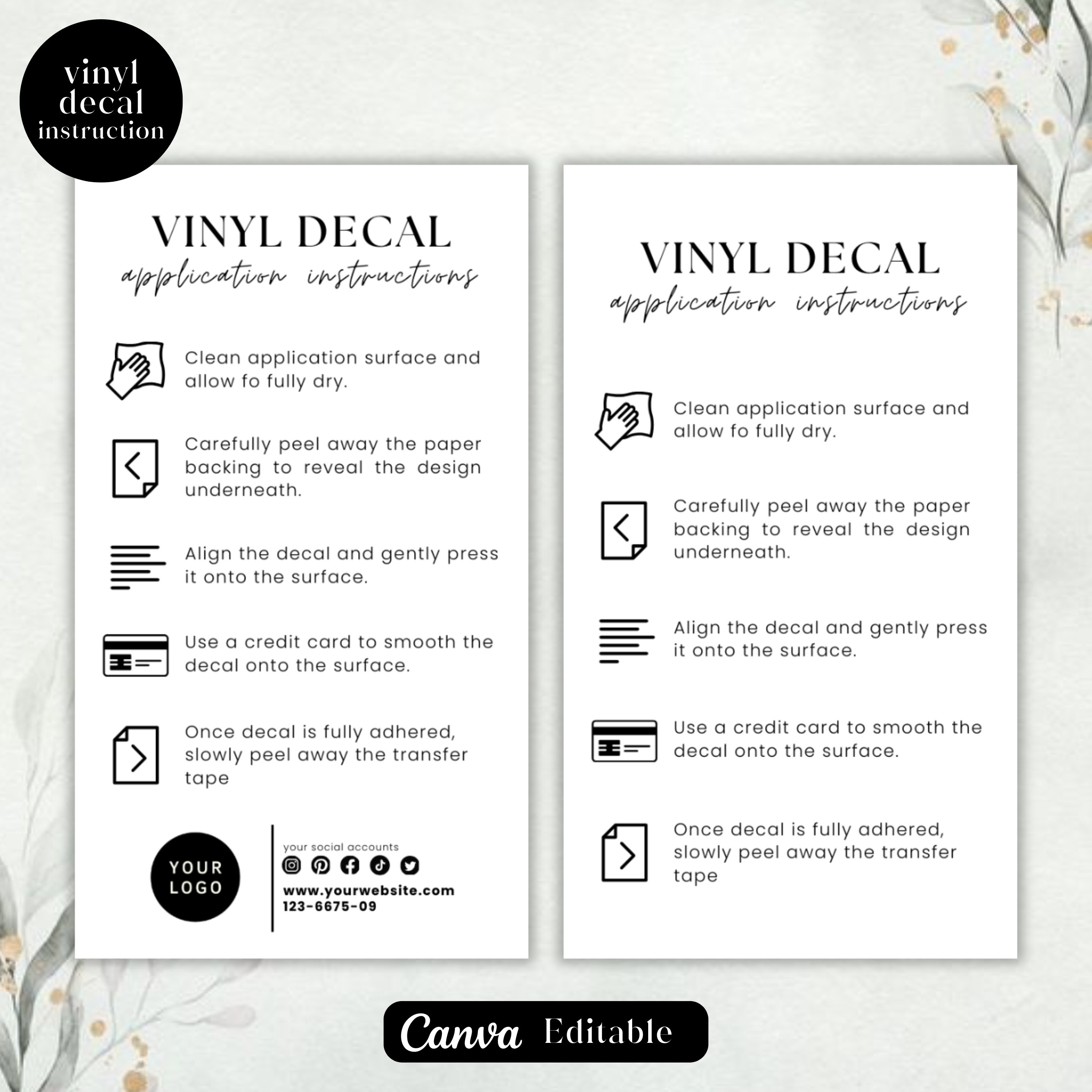 Vinyl Decal Instructions Cards Canva Editable Template,care Card Decal ...