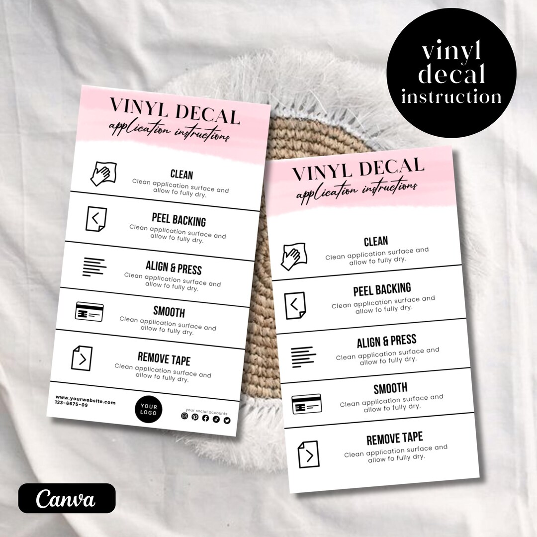 Vinyl Decal Instructions Cards Canva Editable Template,care Card Decal ...