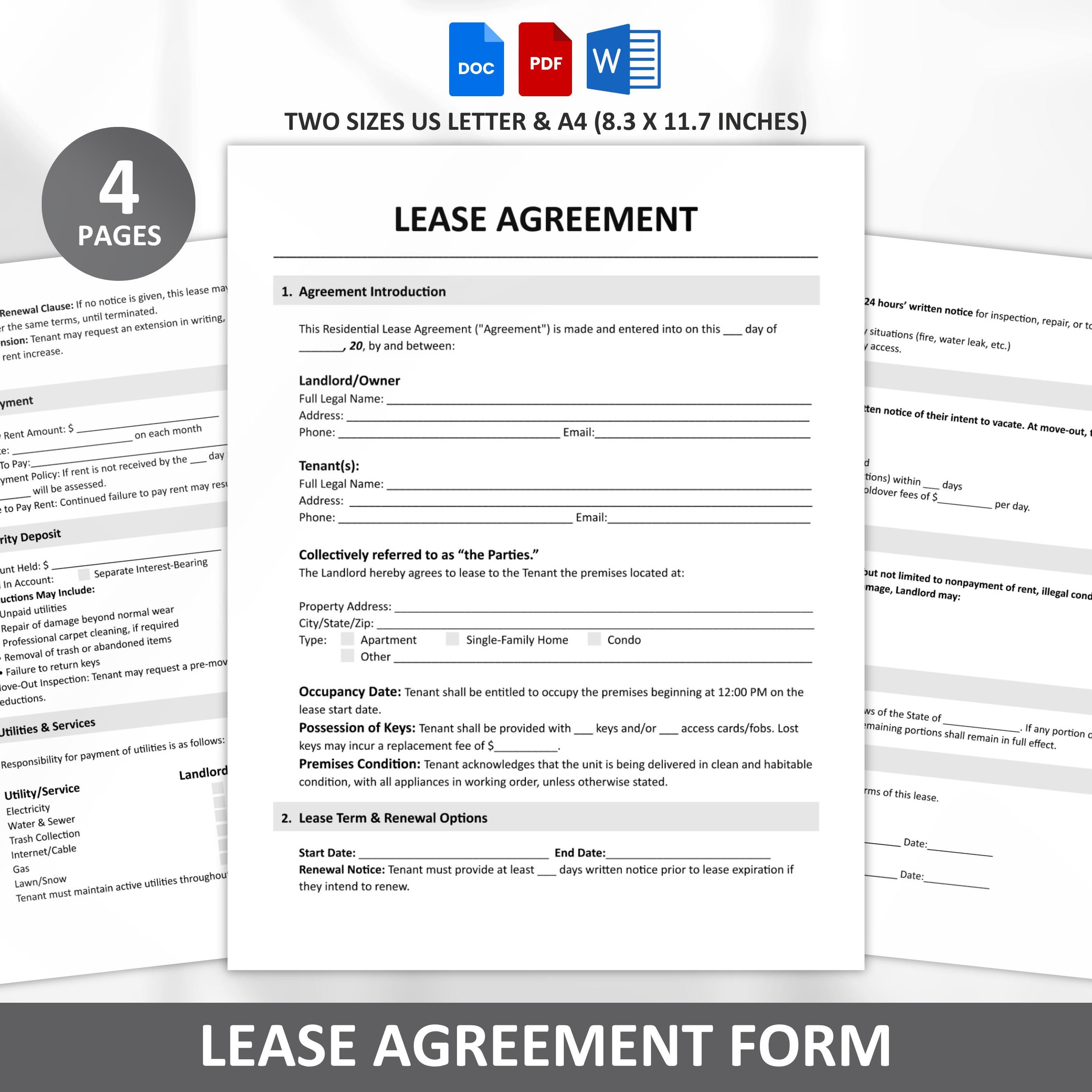 Rental Agreement Template, Editable Lease Contract, Landlord Forms ...