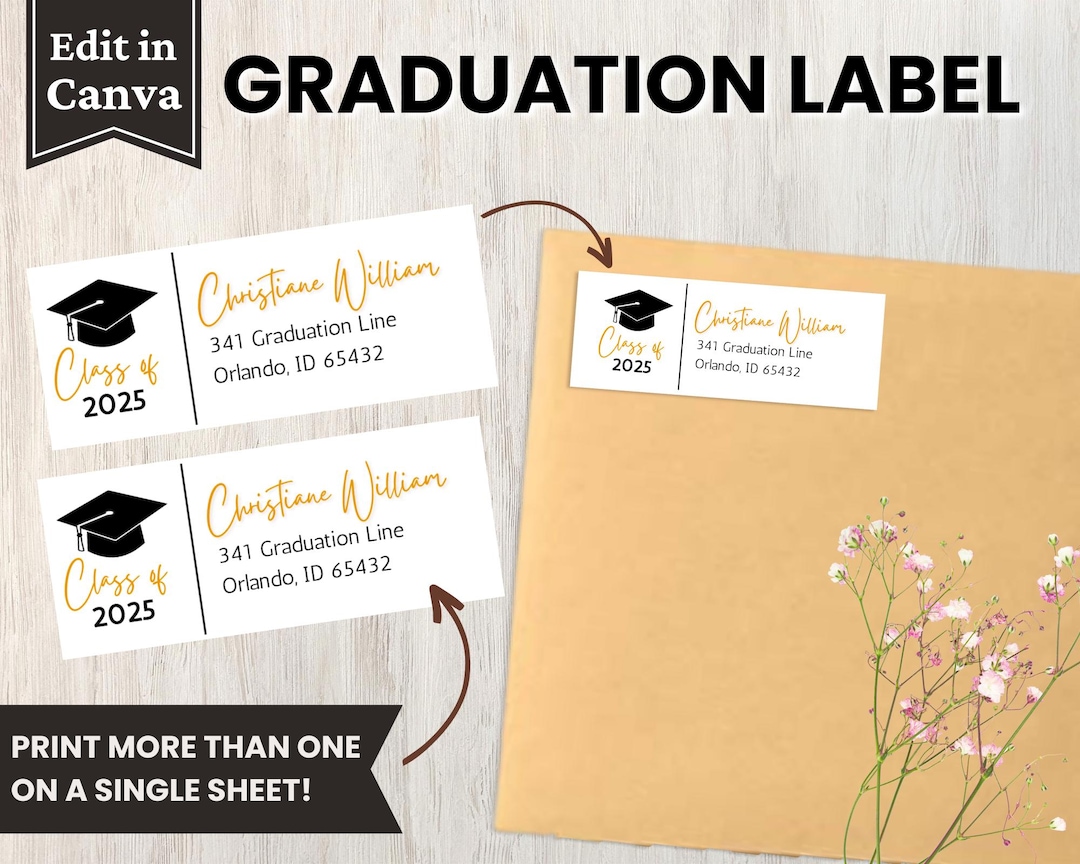 Graduation Announcement Mailing Labels: Class of 2025, Editable in ...