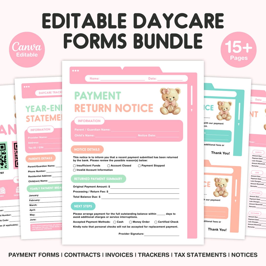 Daycare Forms Bundle, Daycare Payment Tracker Canva Template, Late Fees ...