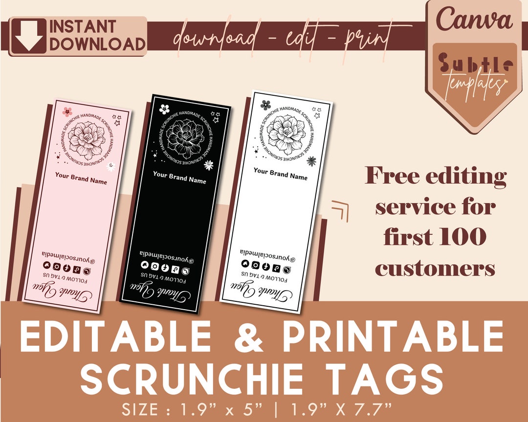 Printable Scrunchie Hang Tags, Editable Scrunchie Tag, Customizable Tag ...