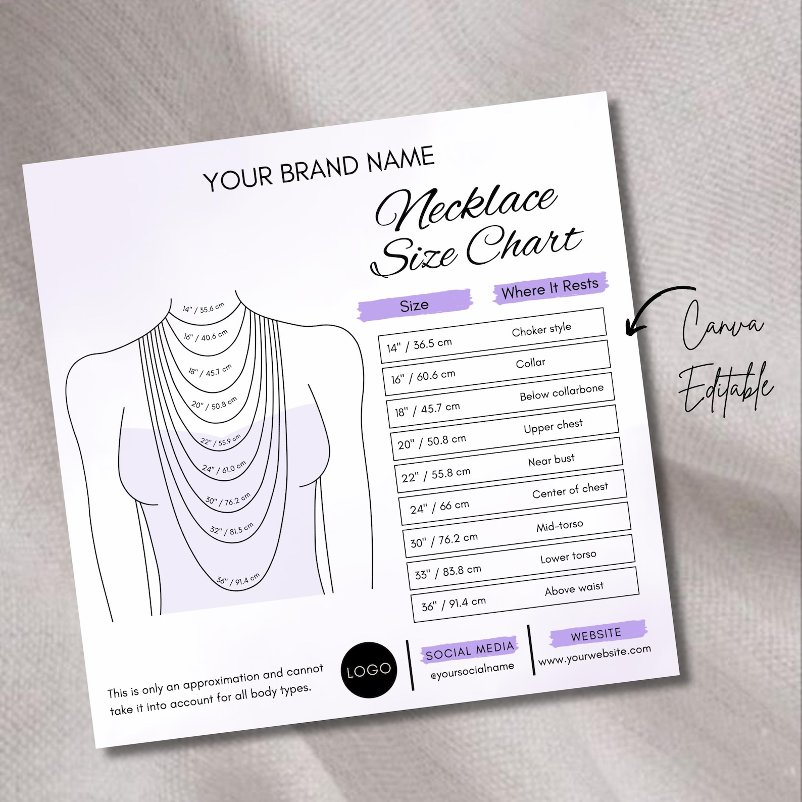 Necklace Size Chart, Size Chart for Necklace Display, Necklace Size ...