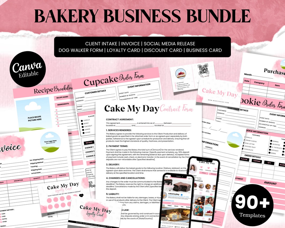 Bakery Business Forms Bundle, Printable Canva Template, Cake Care Card ...