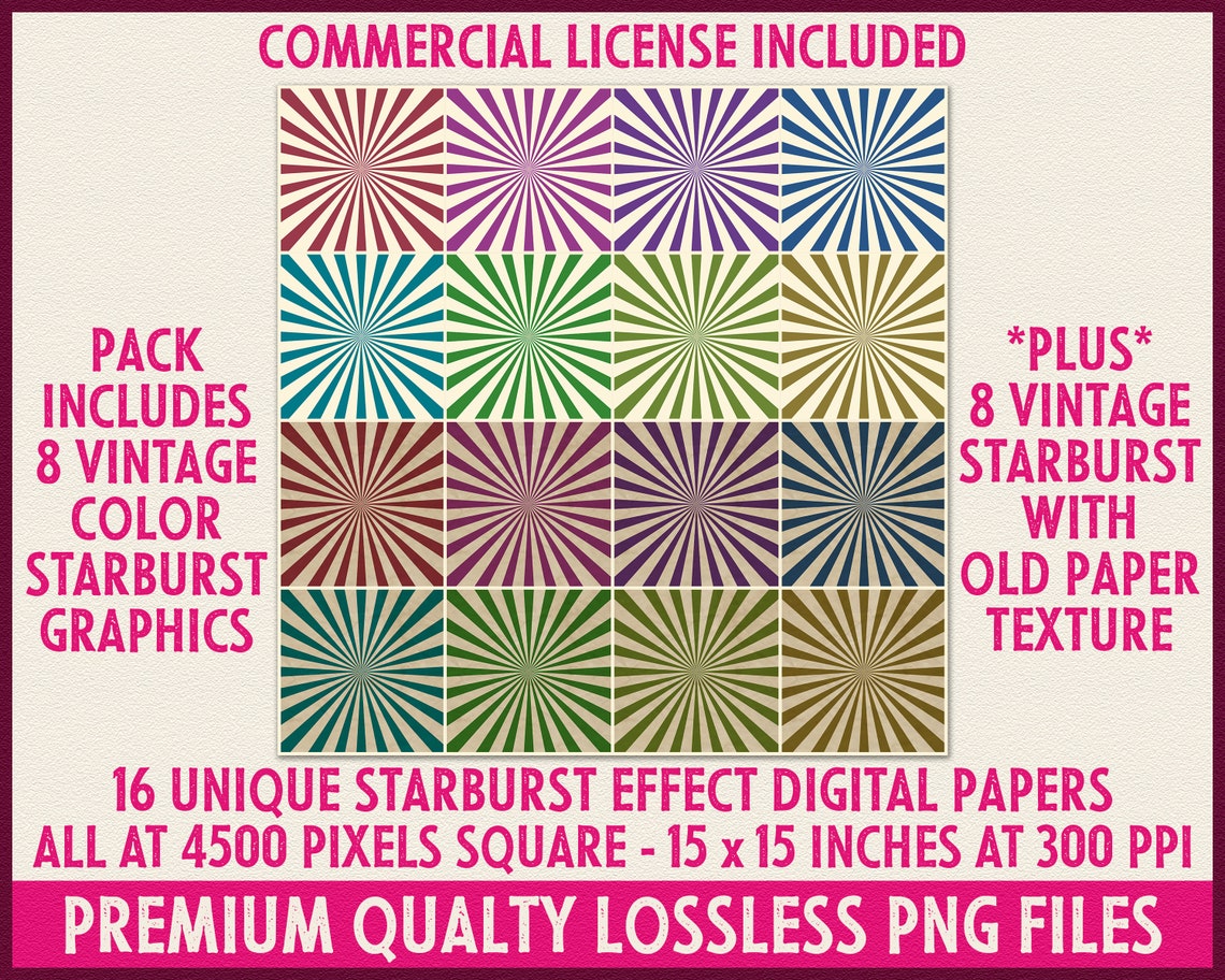 16 Retro Starburst Digital Paper Backgrounds Printable Sunburst ...