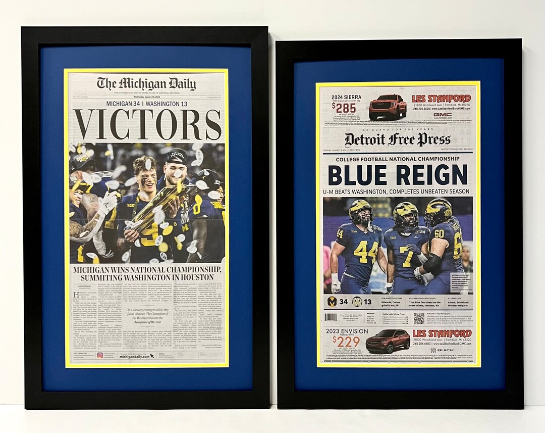 2* 2023-2024 Michigan Wolverines Football Framed REAL Newspapers CFP ...