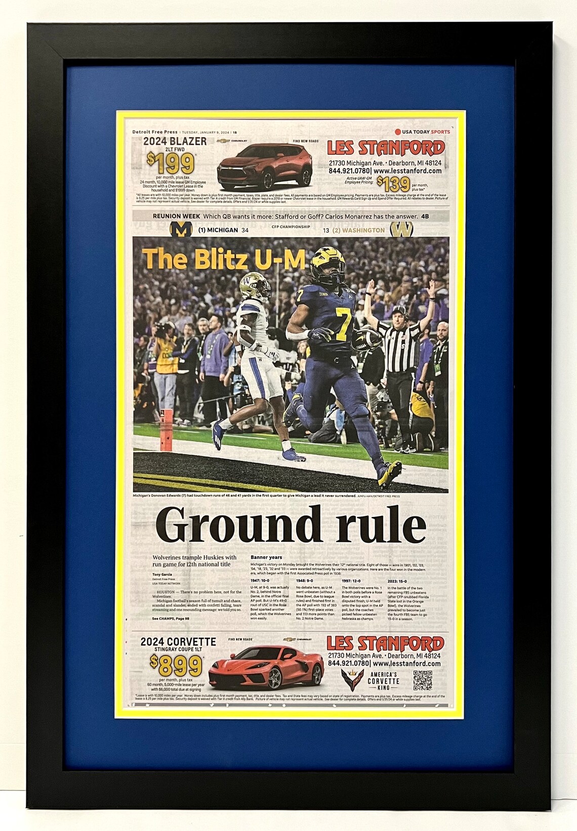 2023-2024 Michigan Wolverines Football Framed REAL Newspaper CFP ...