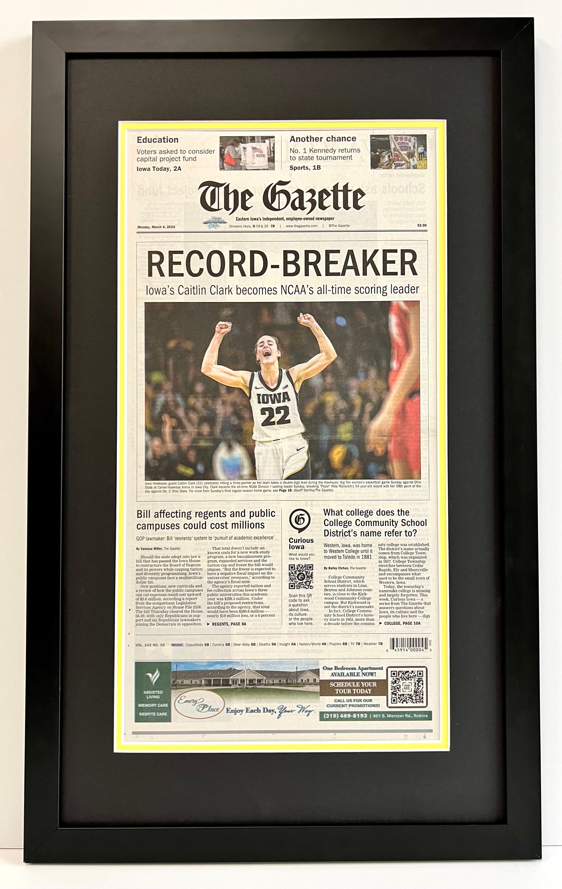 2024 Caitlin Clark Framed REAL Newspaper “record-breaker” Ncaa’s All ...