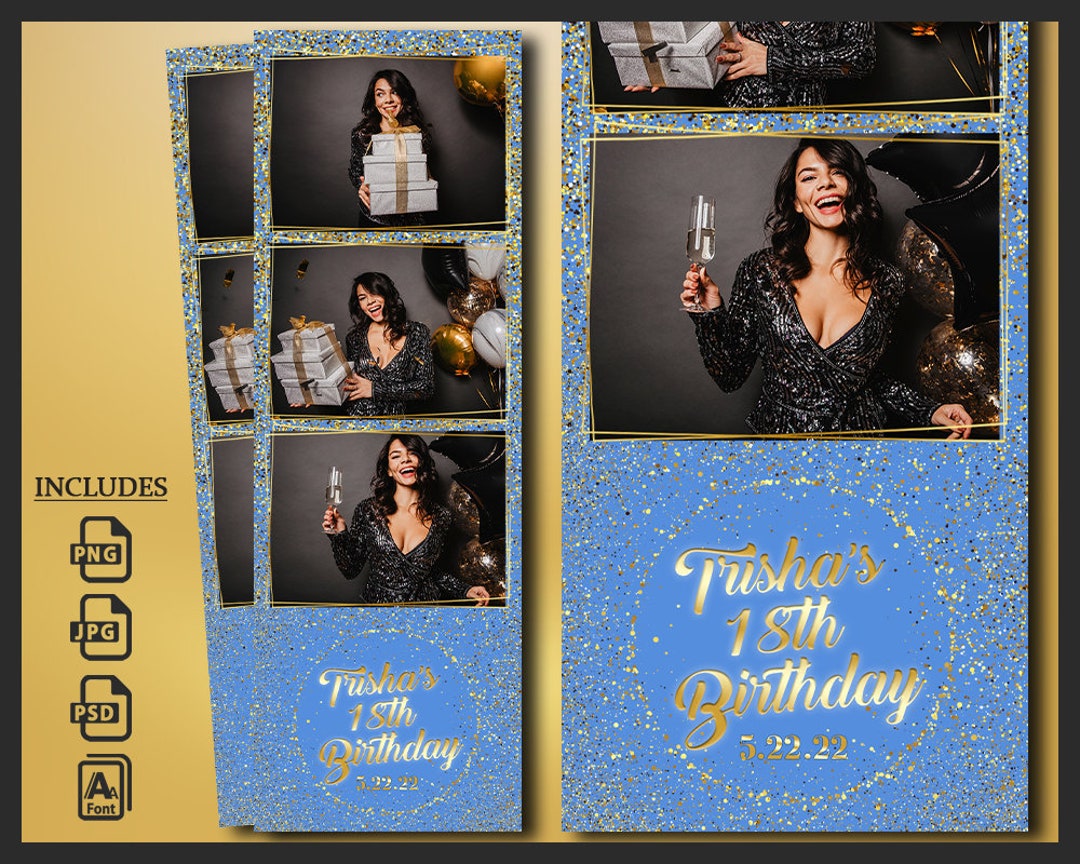 Birthday Photo Booth Template 2x6 | Blue Glitter Party Photobooth Strip ...