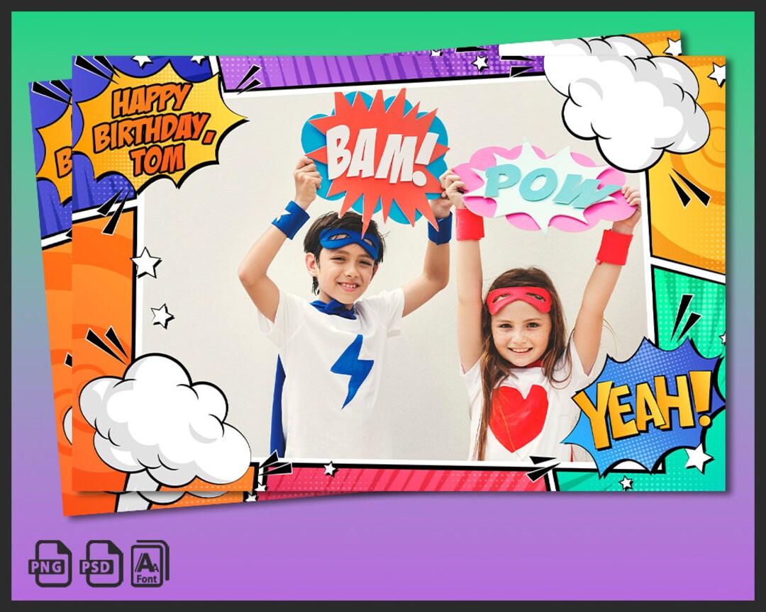 Comic Photo Booth Template 4x6 | Birthday Party Kids Superhero Theme ...