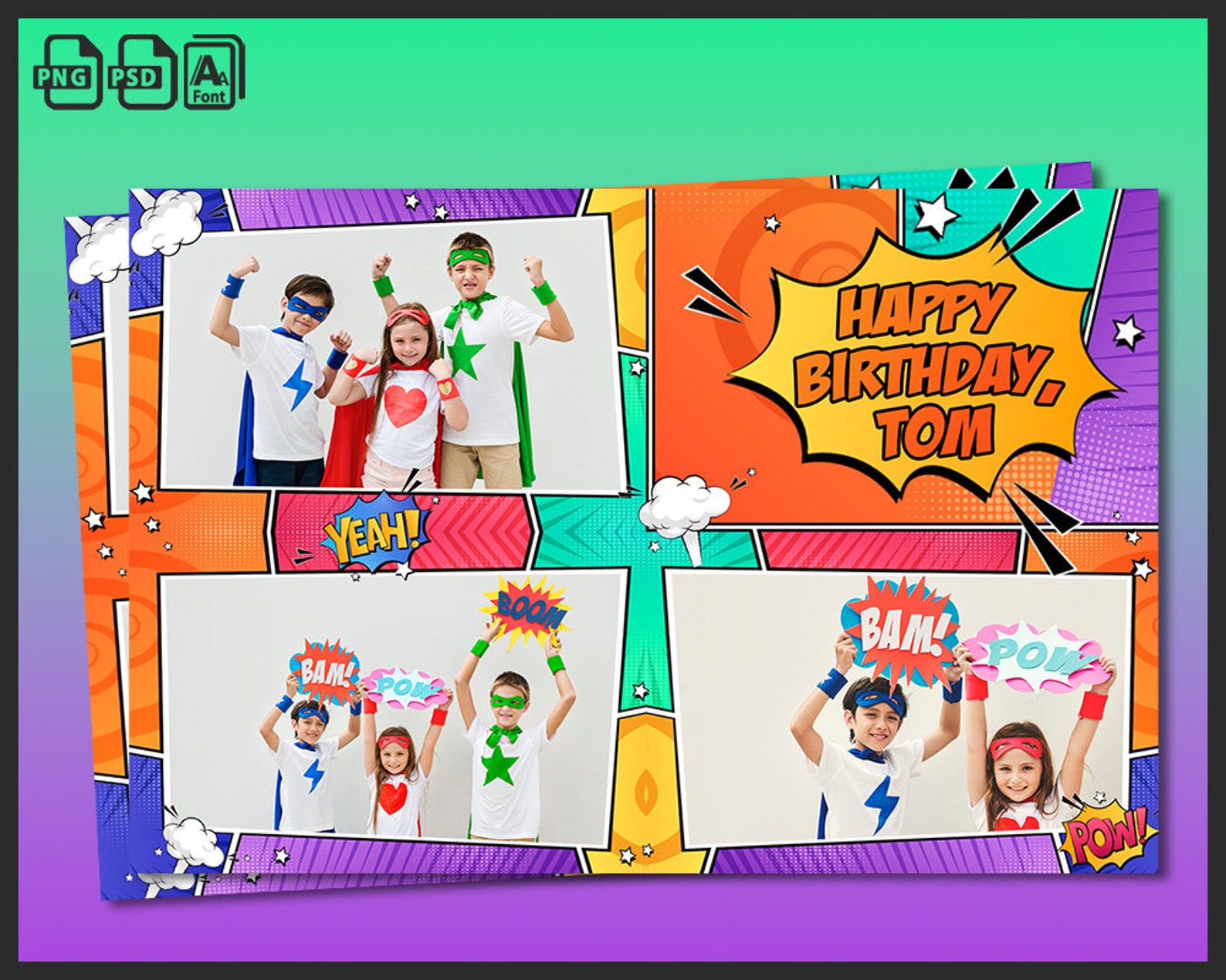 Comic Photo Booth Template 4x6 | Birthday Party Kids Superhero Theme ...
