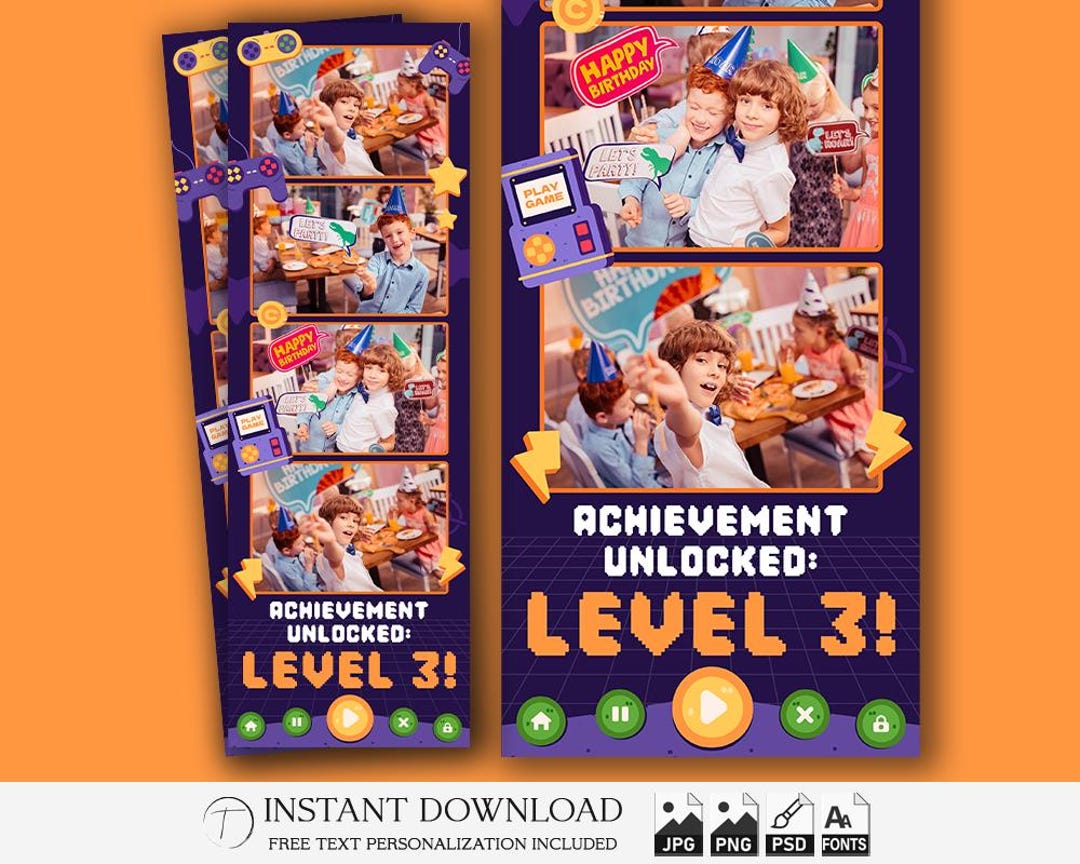 Video Game Birthday Photobooth Template 2x6 | Gamer Party Level up ...