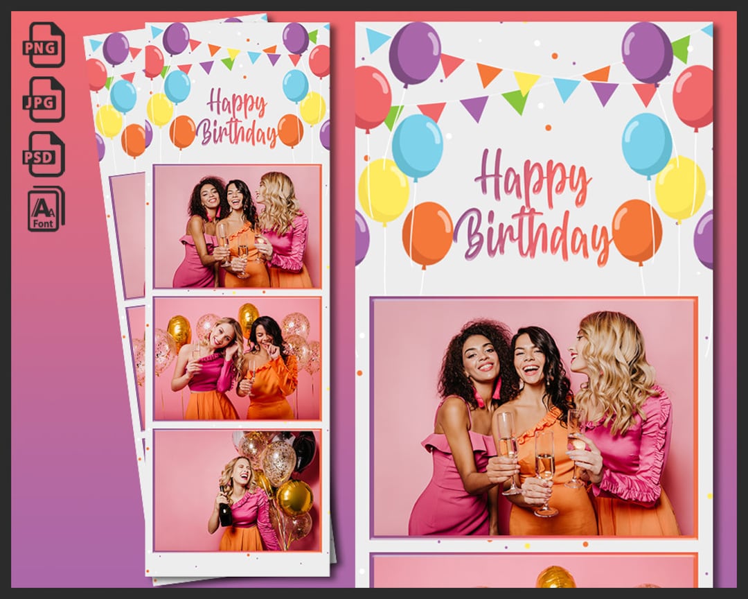 Birthday Photo Booth Template 2x6 | Balloon and Confetti Party Theme ...