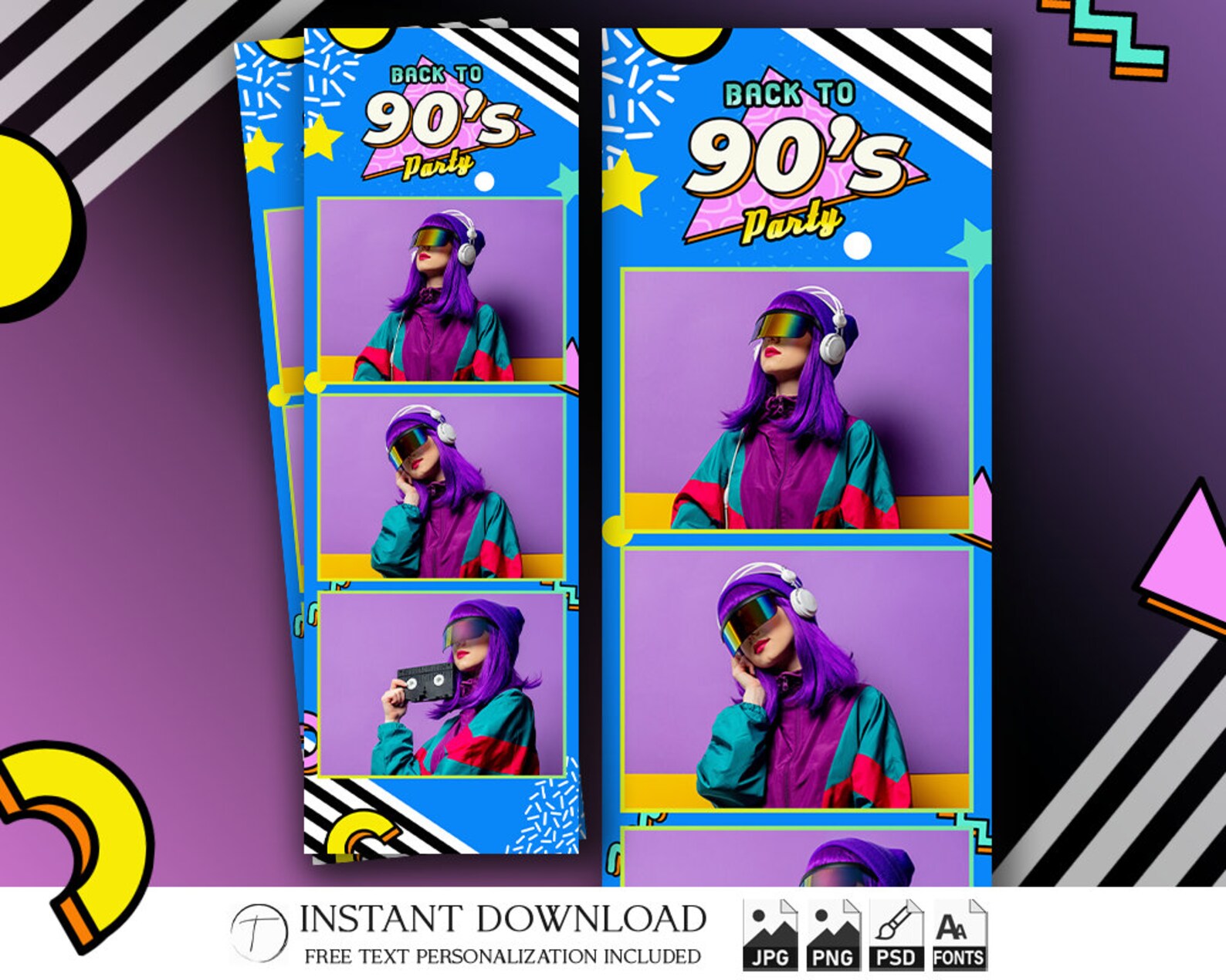 90s Photo Booth Template 2x6 | Editable Throwback Party Strip PSD ...