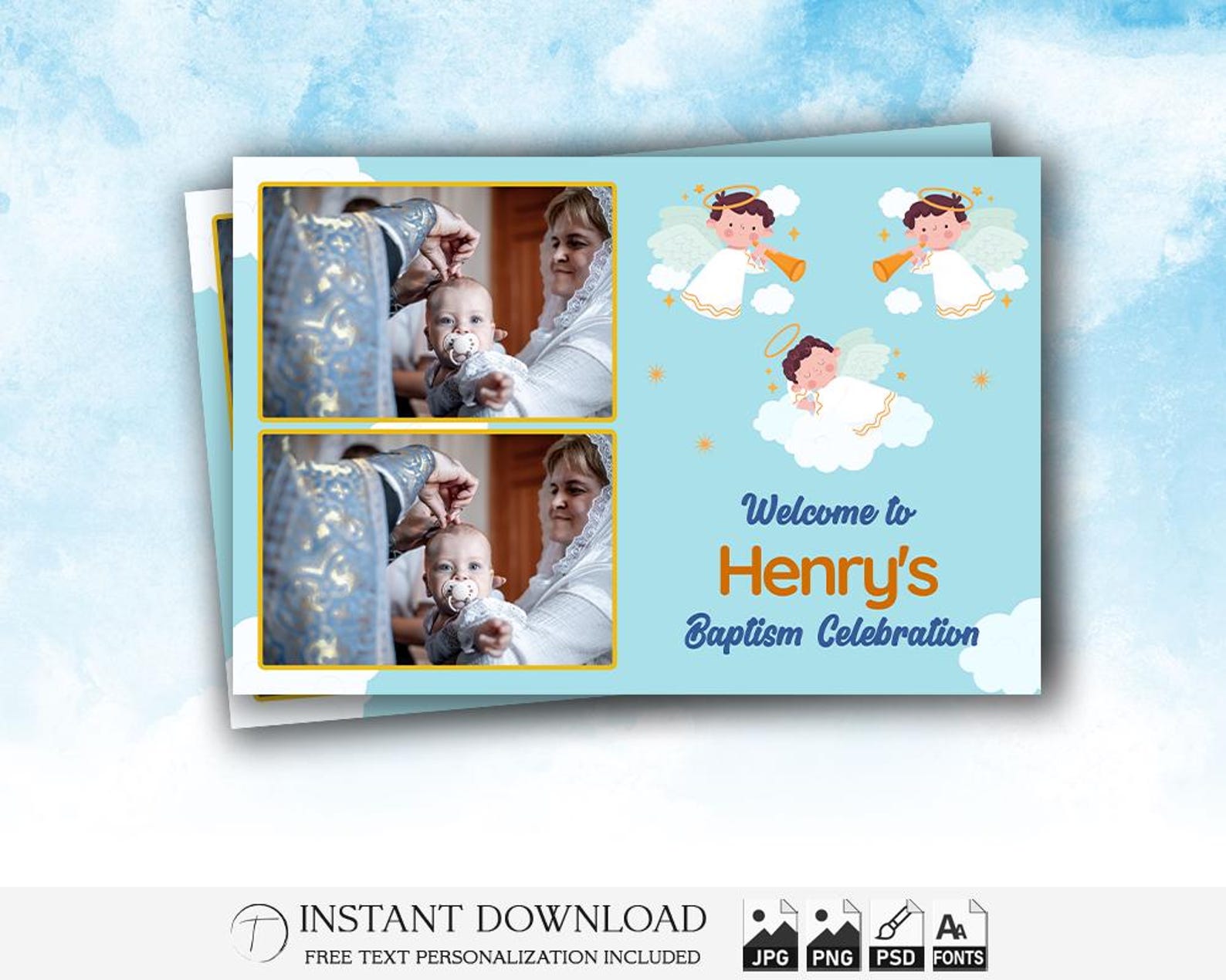 Baptism Photo Booth Template 4x6 | Blue Angel Baby Boy Photobooth Frame ...