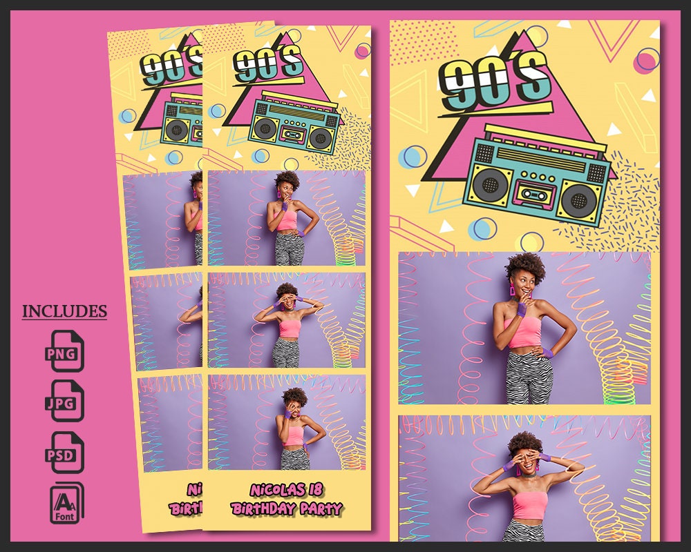 90s Booth Template, Photobooth 1990s Birthday Frame, 2x6 Background ...