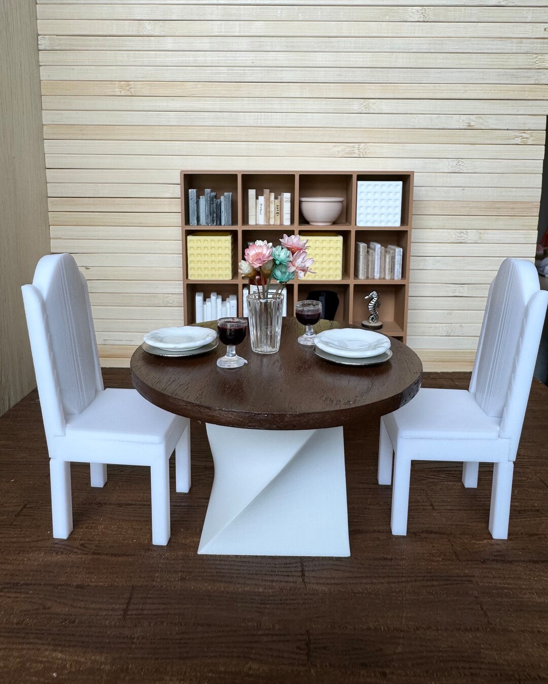 Modern Dollhouse Dining Table and Chairs, Spiral Base With Wood Table ...