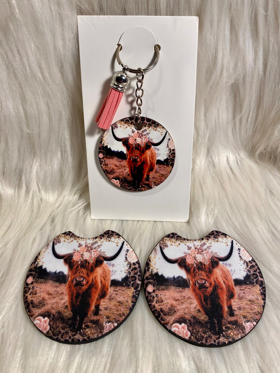 Highland Cow Key Ring and 2 Car Coasters Bundle - Etsy