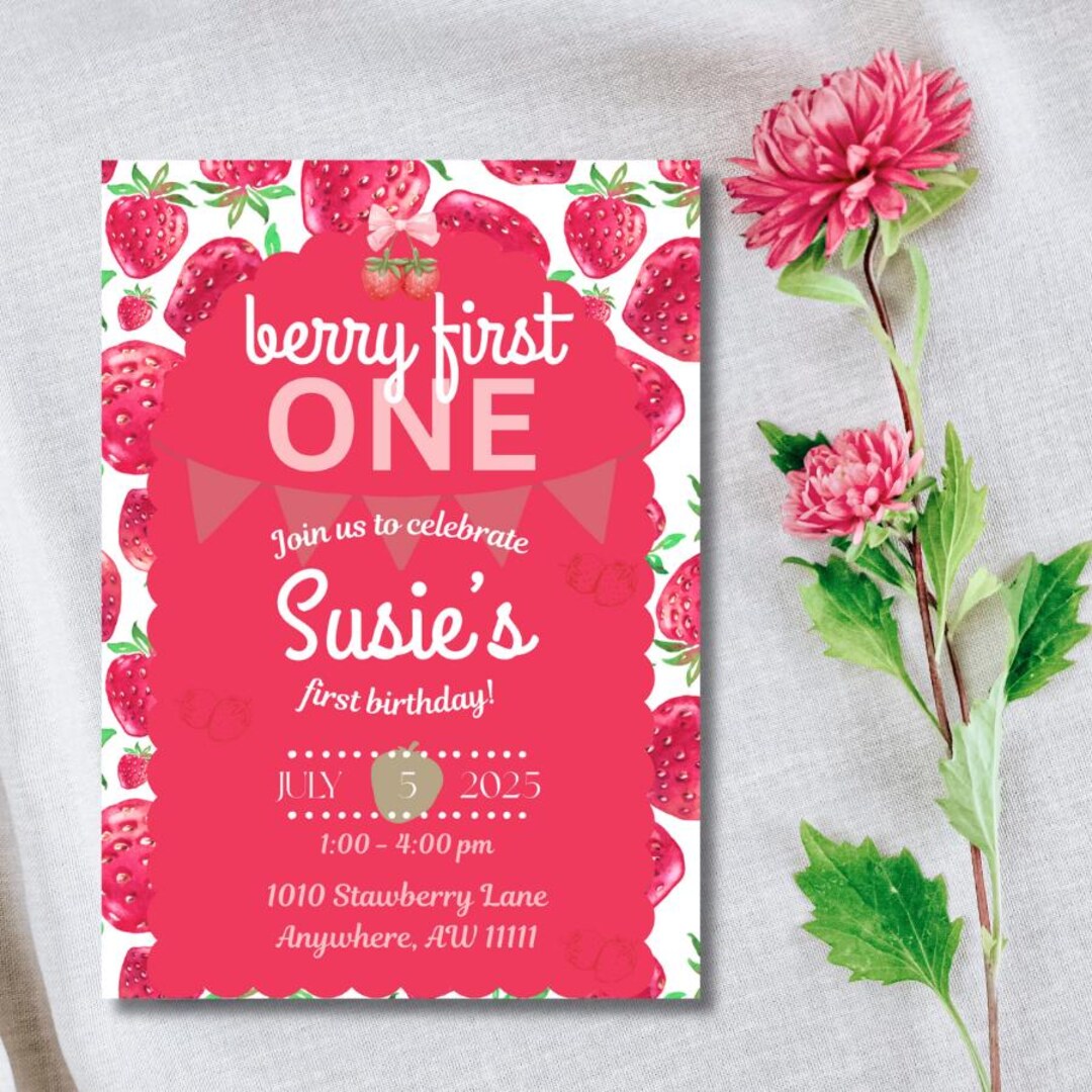 Berry First Birthday Invitation, Berry First Birthday, Strawberries ...